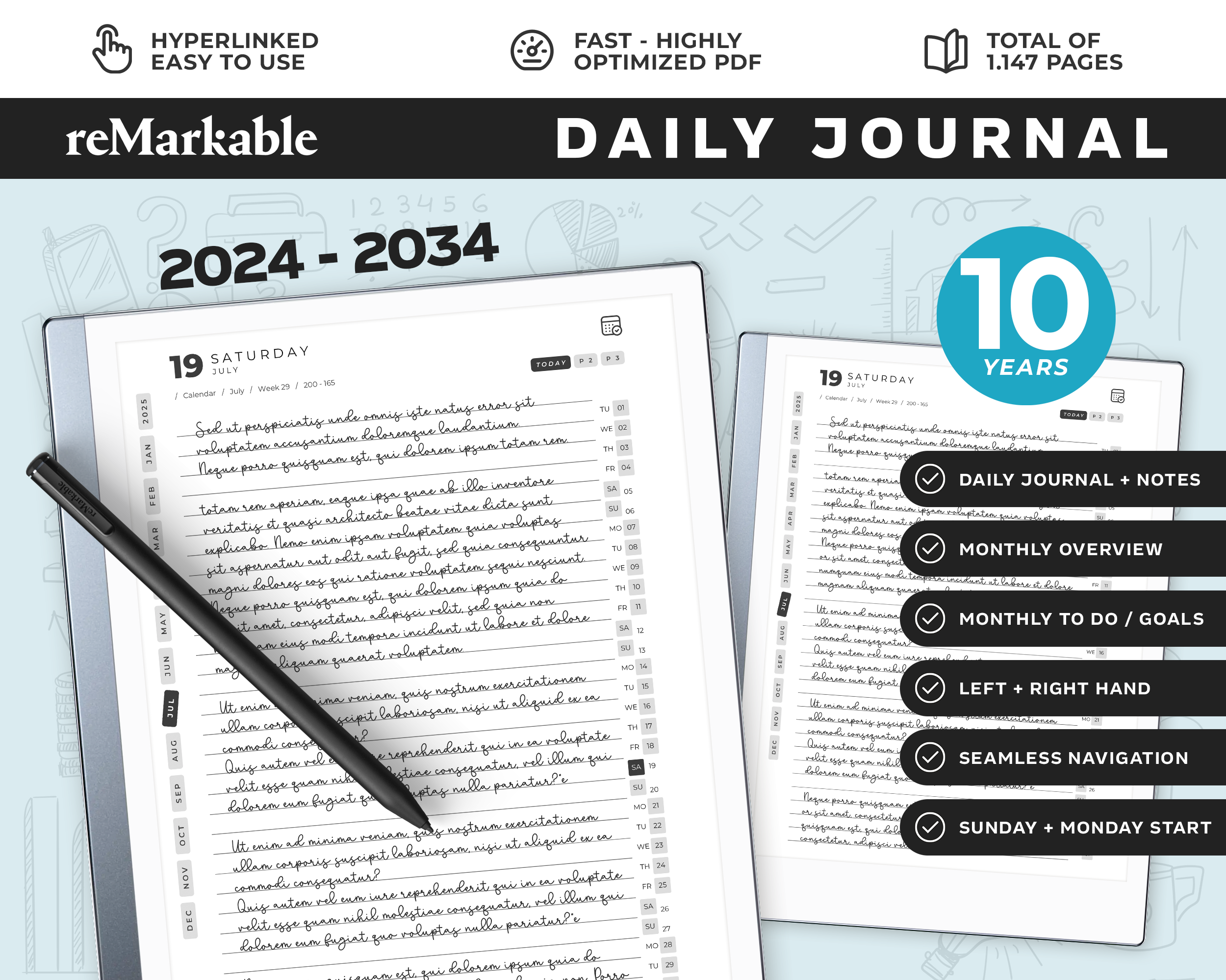 10 Years! Daily Journal reMarkable 2 Templates. 2025 to 2034 + Free 20