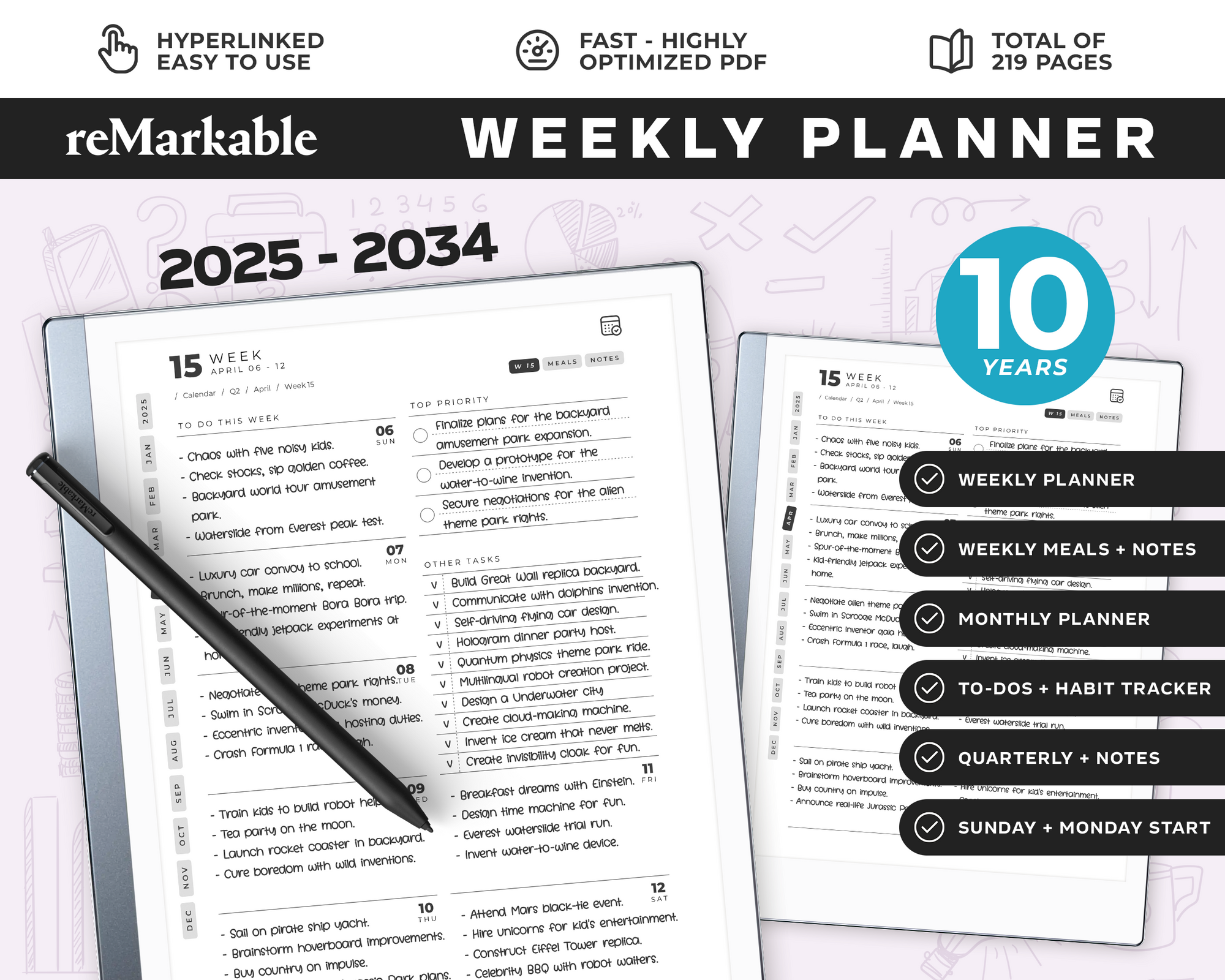 Weekly Planner for reMarkable Tablets. 10 Years - 2025 to 2034